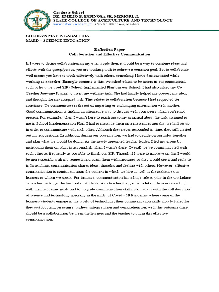 Reflection Paper On Collaboration and Effective Communication | PDF