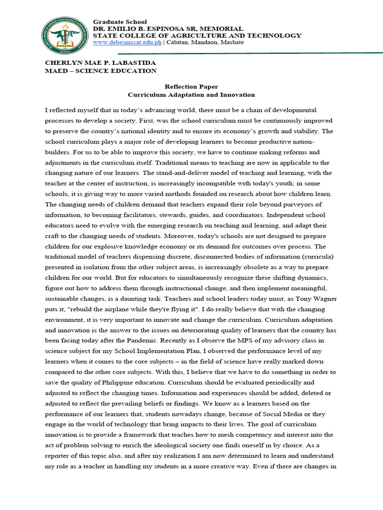 Reflection Paper On Curriculum Adaptation and Innovation | PDF | Career & Growth | Social Science
