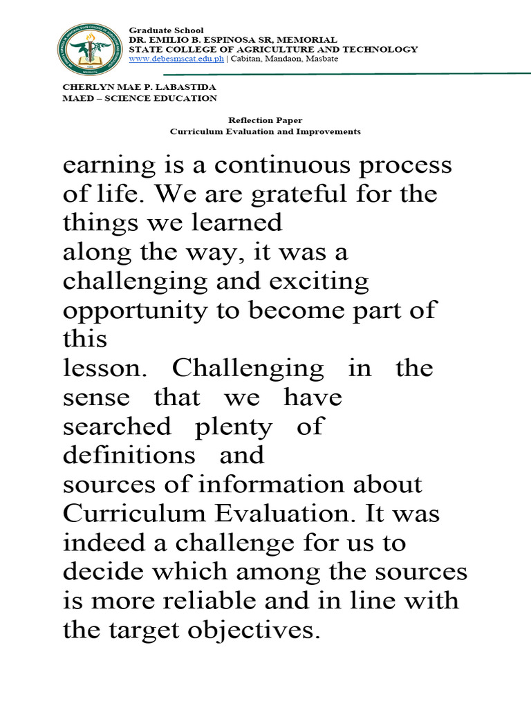 Reflection Paper On Curriculum Evaluation and Improvements | PDF