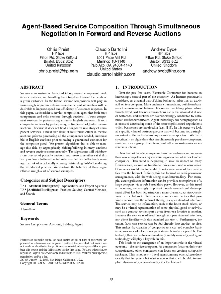 Agent-Based Service Composition Through Simultaneous Negotiation in Forward and Reverse Auctions ...