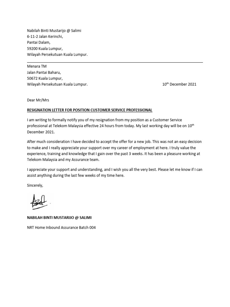 Resignation Letter: Customer Service Role | PDF