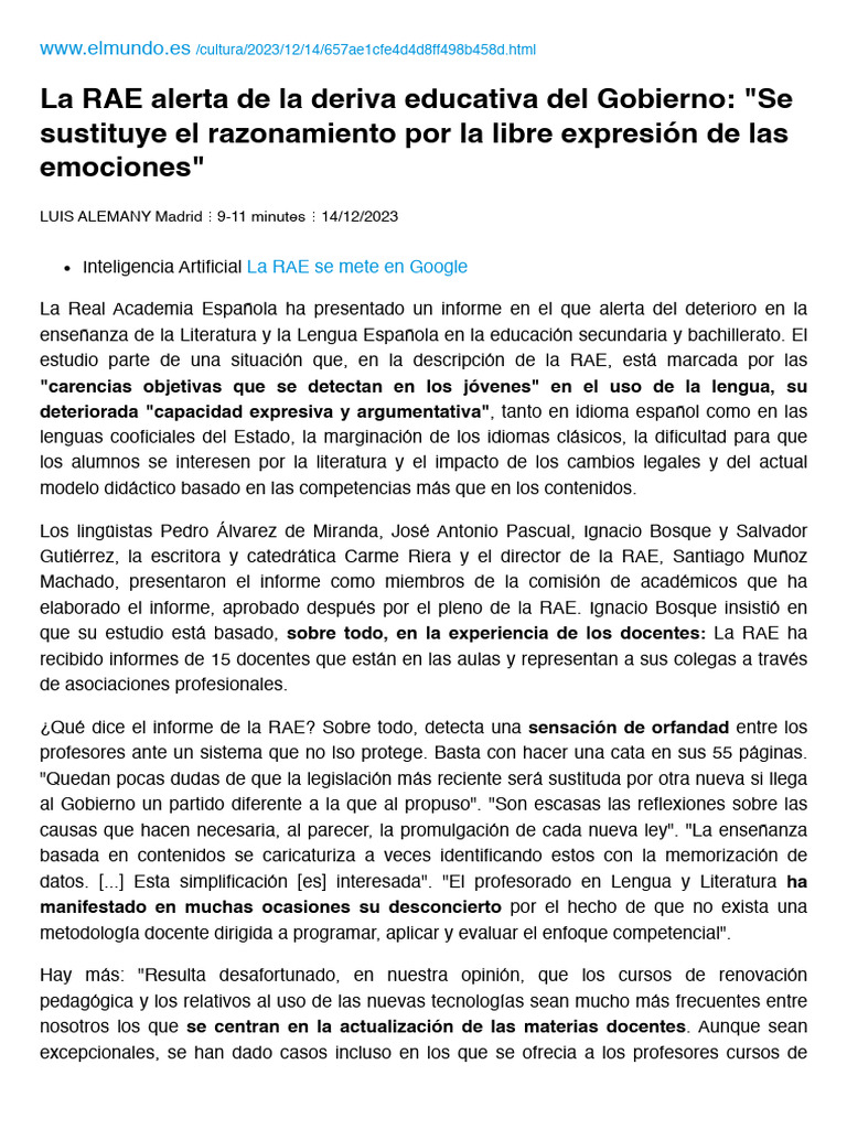 La RAE Alerta de La Deriva Educativa Del Gobierno - Se Sustituye El Razonamiento Por La Libre ...