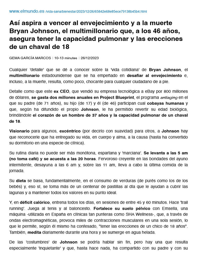 Así Aspira A Vencer Al Envejecimiento y A La Muerte Bryan Johnson, El ...