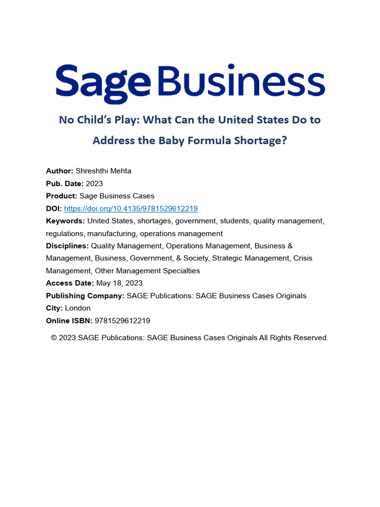 US Baby Formula Shortage Case Study - Mehta 2023 | PDF