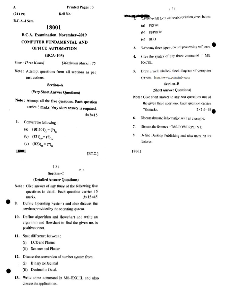 Bca 1 Sem Computer Fundamental and Office Automation 18001 Nov 2019 | PDF