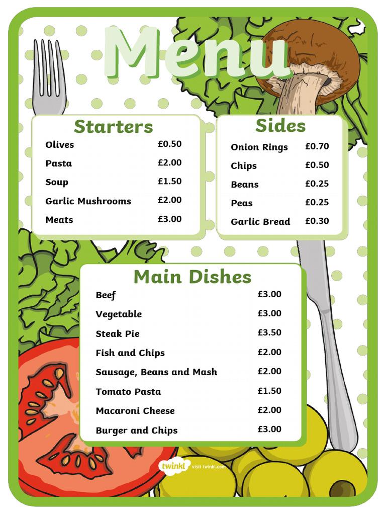 Restaurant Role Play Menu Easy Ver | PDF