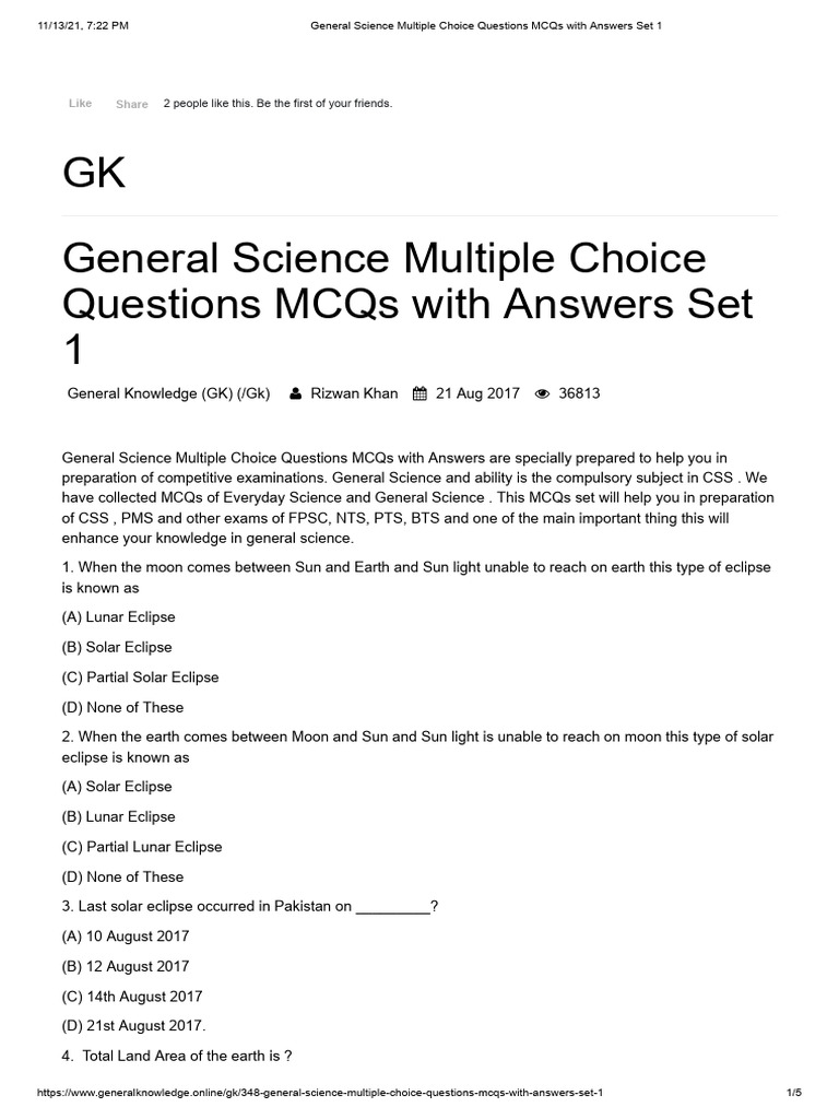 General Science Multiple Choice Questions MCQs With Answers Set 1 | PDF