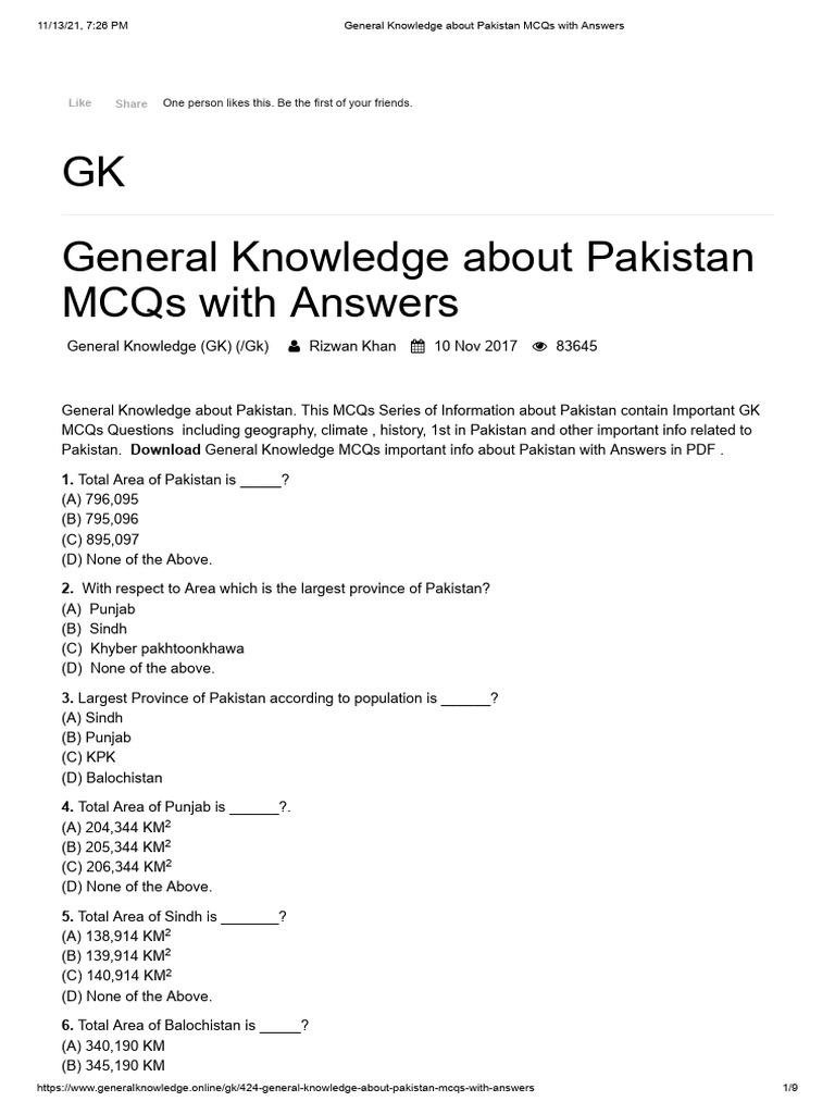 General Knowledge About Pakistan MCQs With Answers | PDF