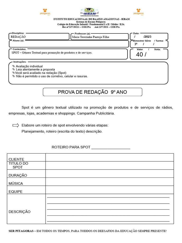 CABEÇALHO_DE_PROVA_2023 | PDF CABEÇALHO_DE_PROVA_2023 | PDF