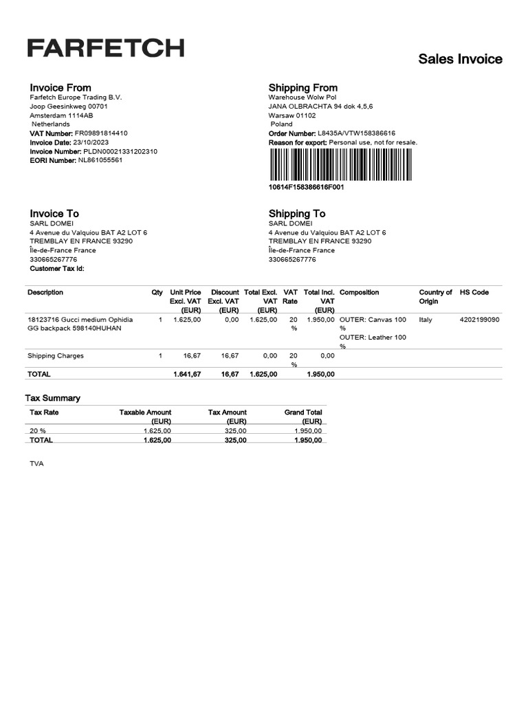Invoice for SARL DOMEI | PDF