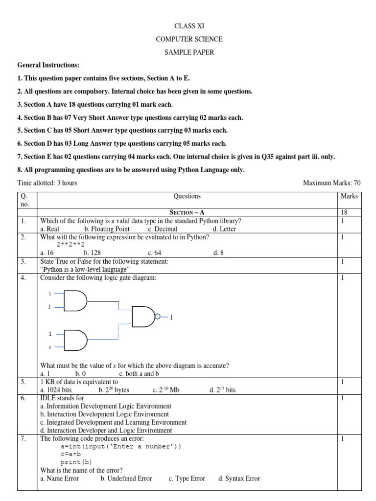CS XI Sample Paper REVISION 2023 | PDF