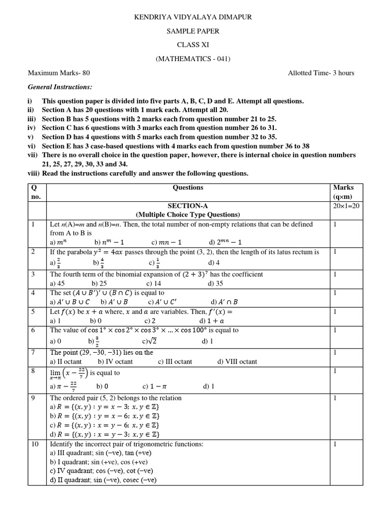 Maths Xi Sample Paper | PDF