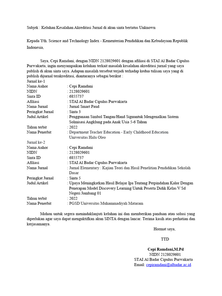 Permohonan Perbaikan Akreditasi Publikasi Jurnal | PDF
