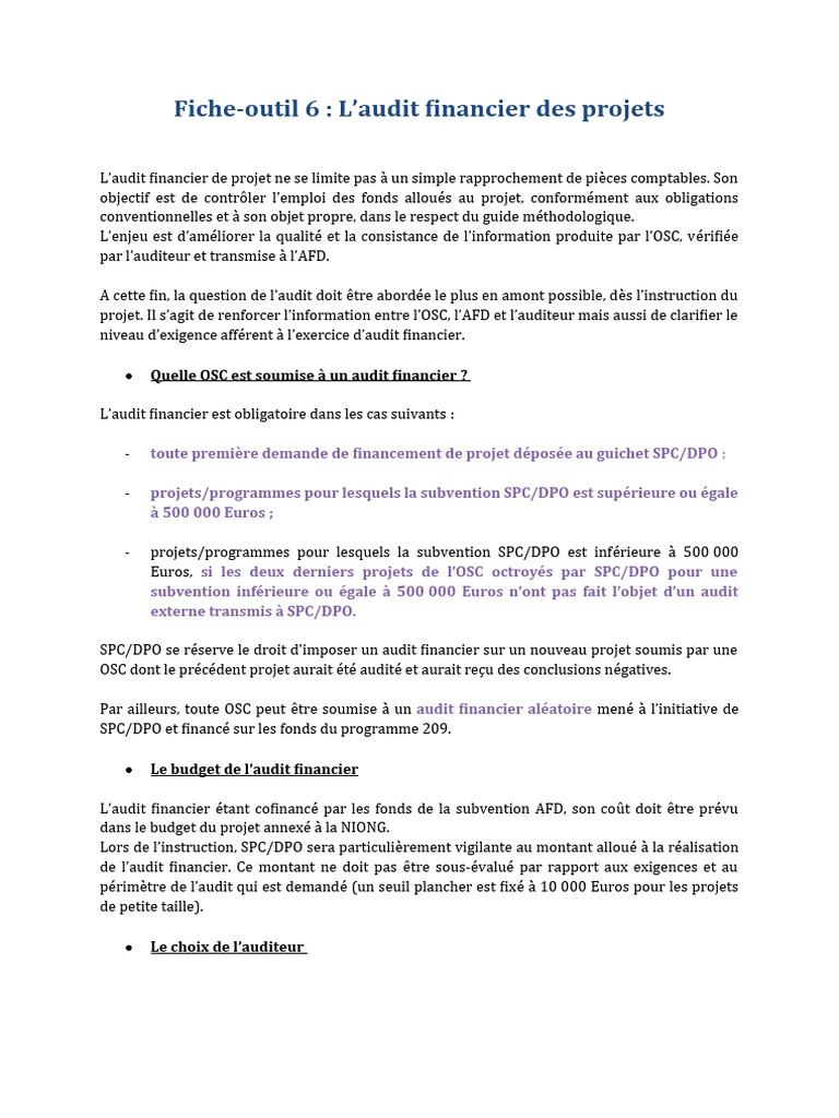AFD Fiche Outil 6 Audit Financier1 | PDF