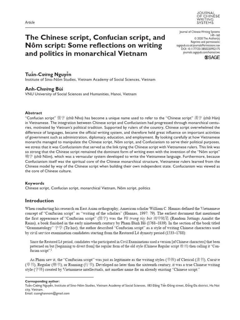 The Chinese Script, Confucian Script, and Nôm Script: Some Reflections On Writing and Politics ...