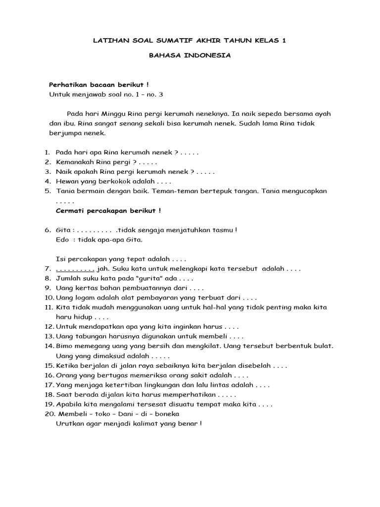 Contoh Soal Sat B.indonesia KLS 1 | PDF