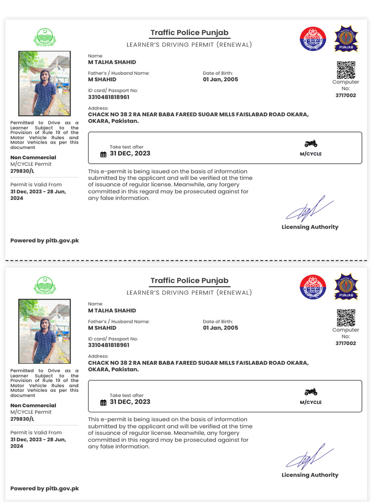 Traffic Police Punjab: Learner'S Driving Permit (Renewal) | PDF