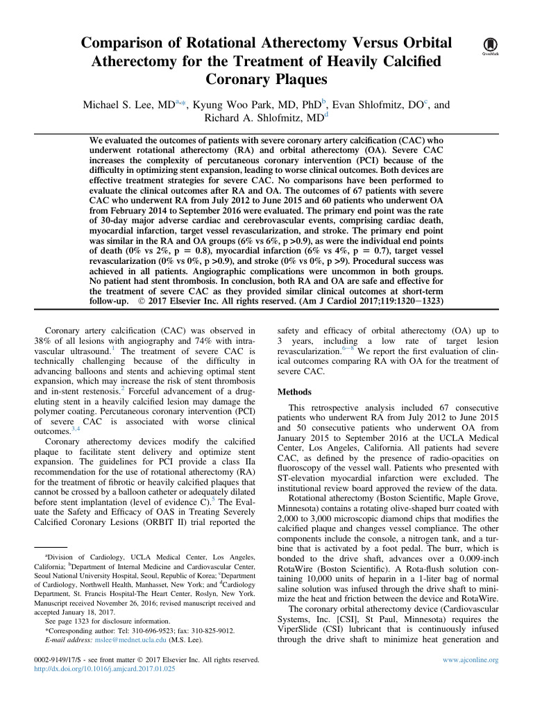 Lee Et Al. 2017 Am J Cardiol OA vs. RA | PDF | Percutaneous Coronary ...