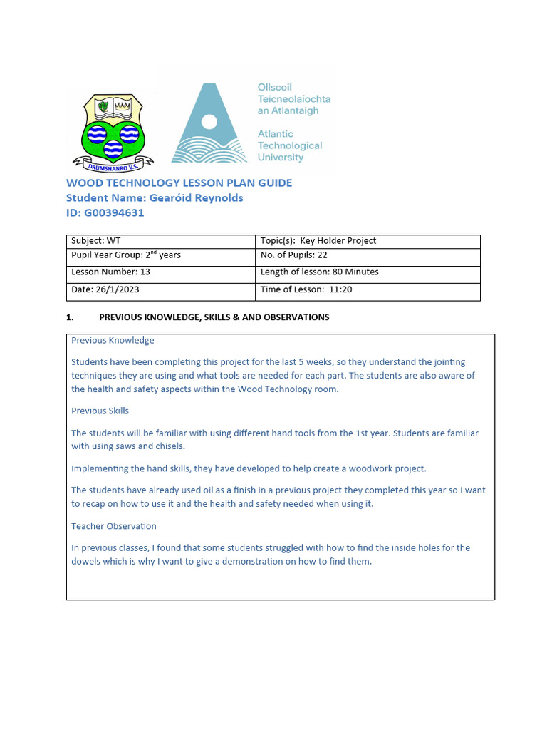 lesson plan-13-wood technology-2nd year | PDF | Learning | Teachers