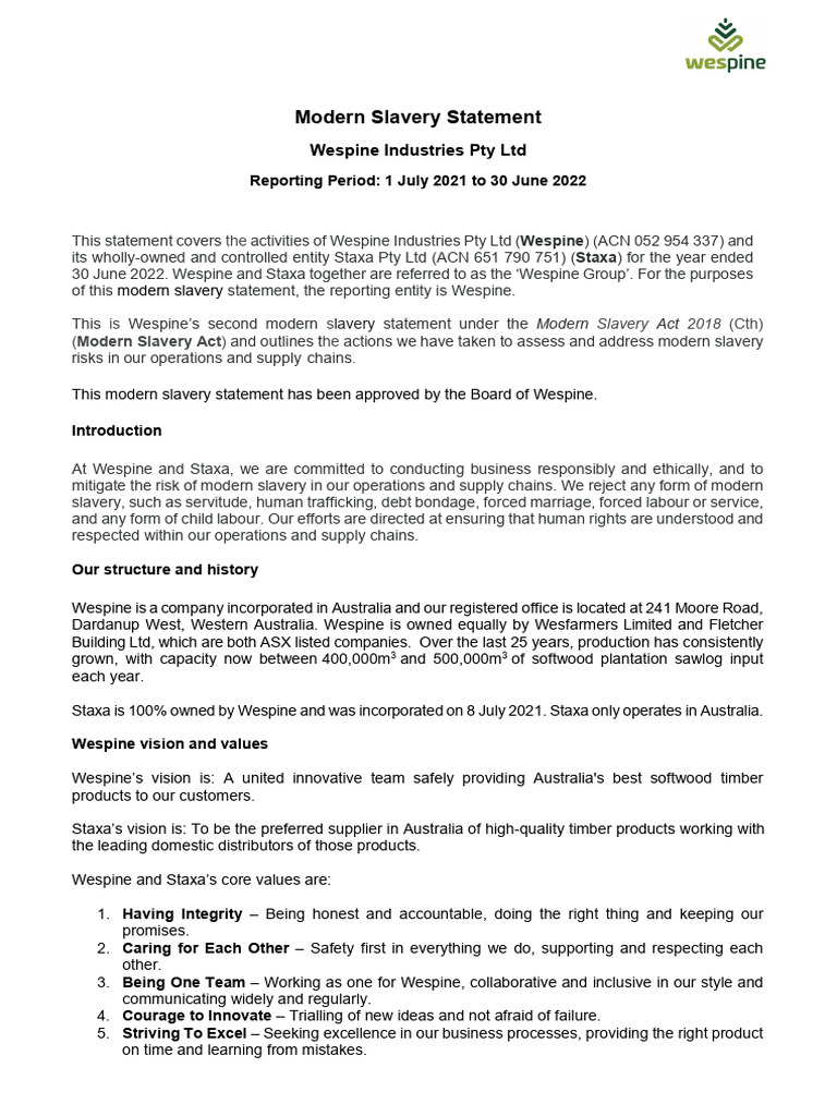 Modern Slavery Statement | PDF | Forest Stewardship Council | Employment