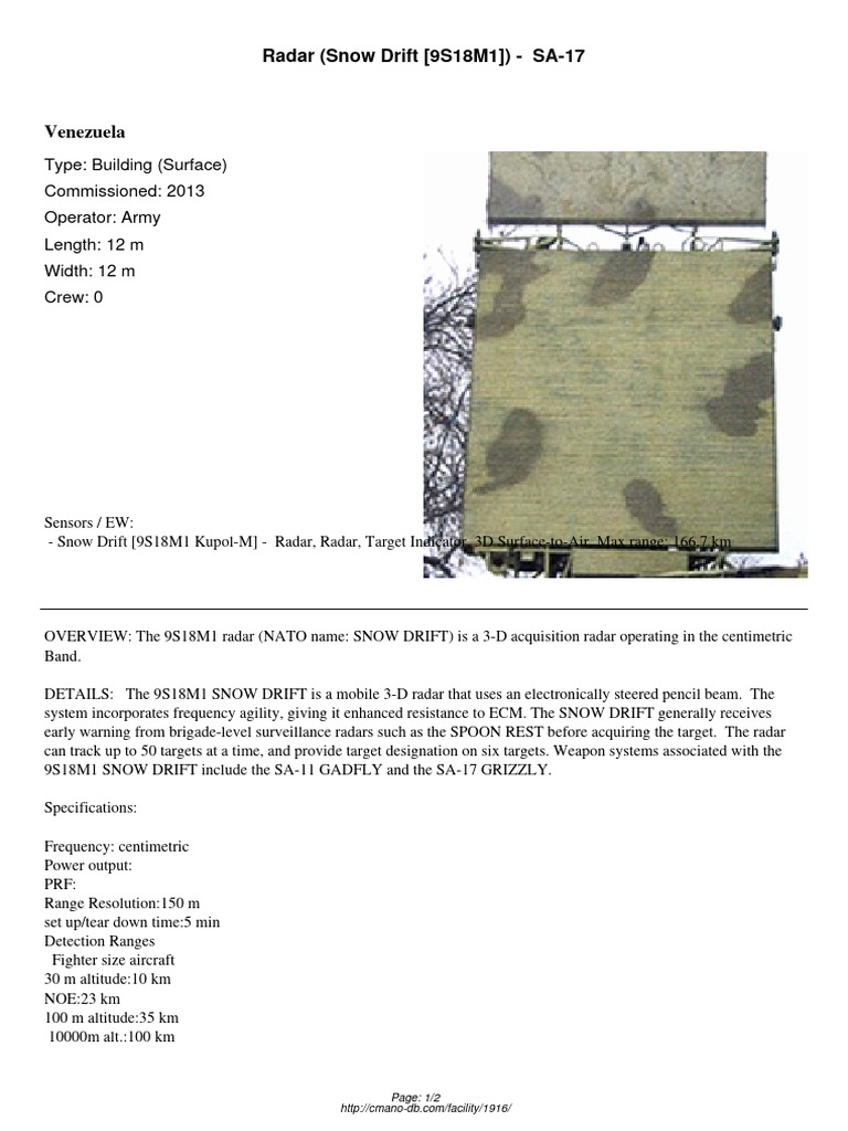 9S18M1 Snow Drift Radar Overview | PDF