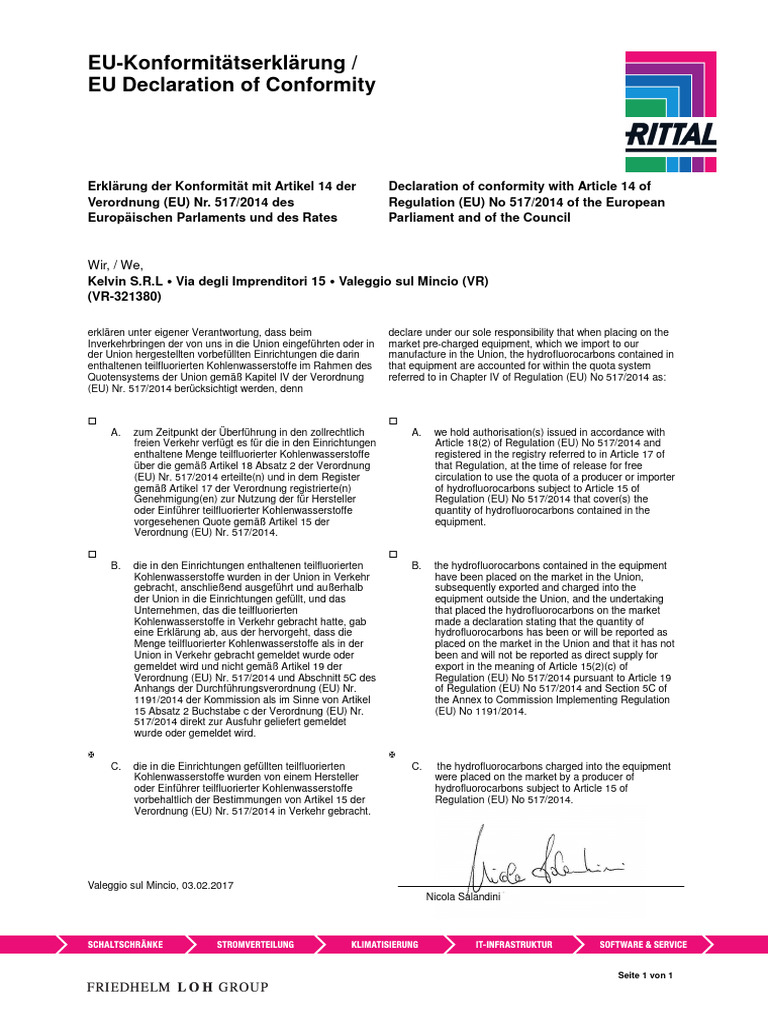 Declaration of Conformity F Gas Regulation DE EN | PDF