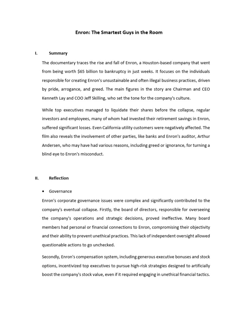 Reflection Paper (Enron) | PDF | Enron | Corporate Governance