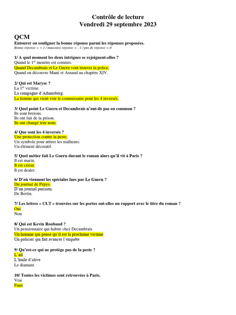 Contrôle de Lecture CLT Correction | PDF