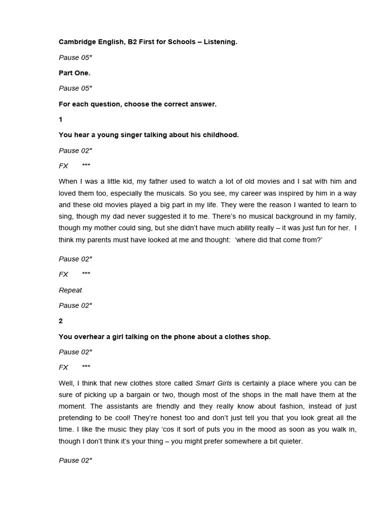 b2 First For School Listening Sample 1 Tapescript | PDF