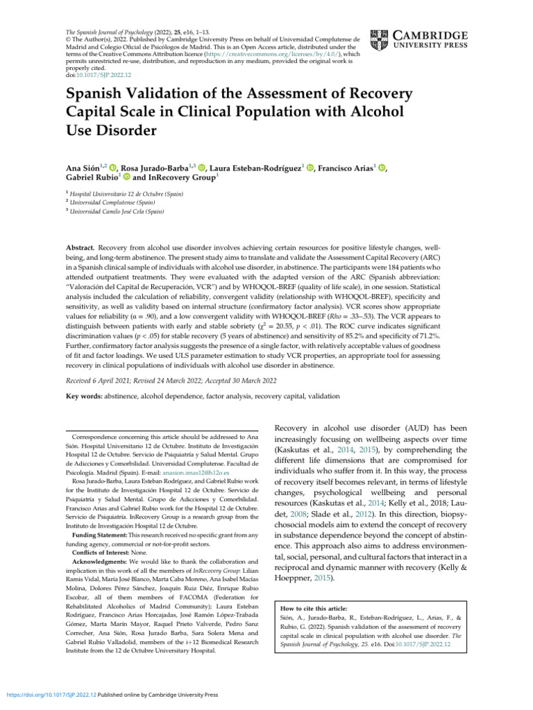 Spanish Validation of Recovery Capital Scale | PDF