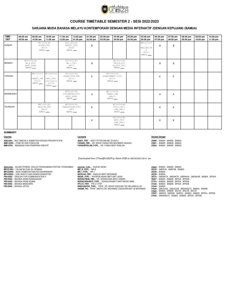 Jadual Kuliah Pelajar FBK Sem Ii 20222023 | PDF