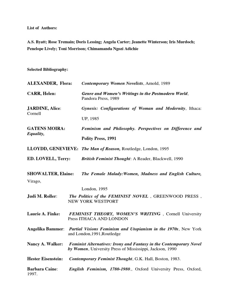Contemporary British and American Fiction by Women - List of Authors ...
