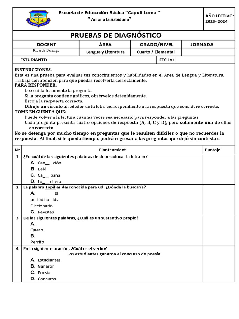 Pruebas Diagnosticas para Cuarto Grado | PDF
