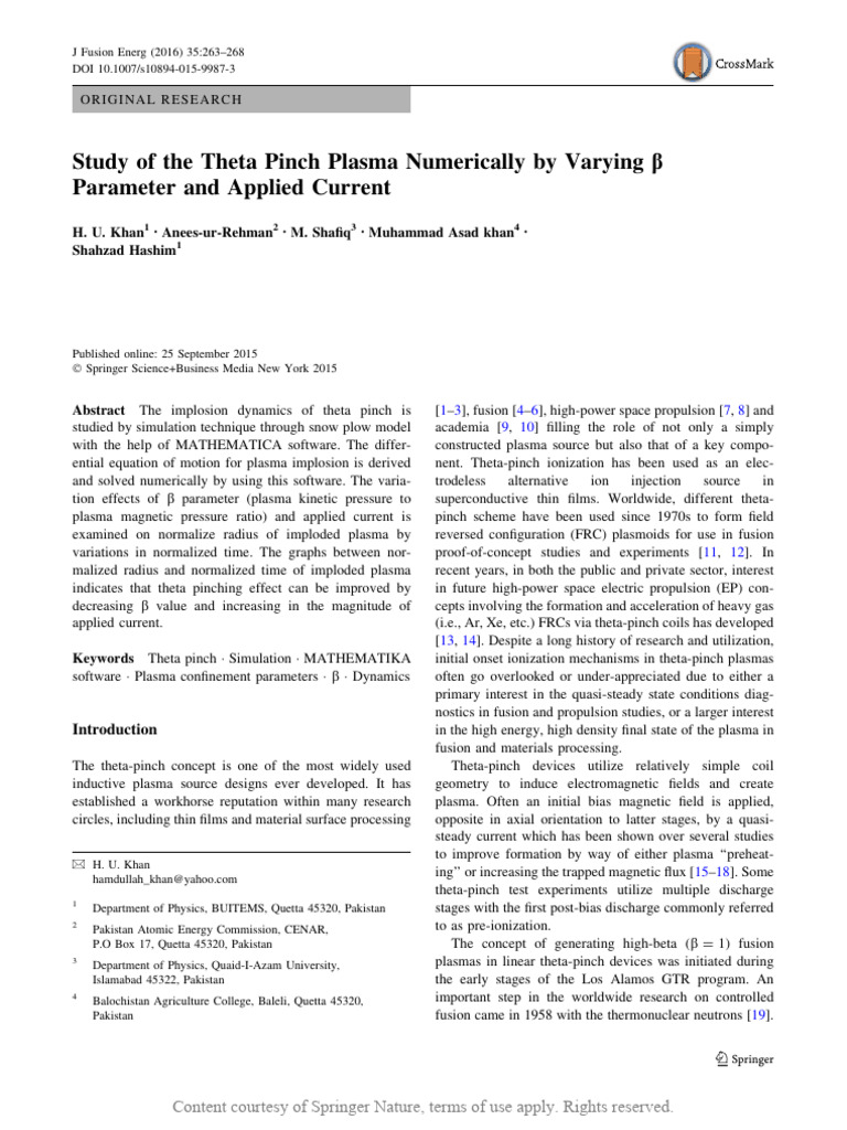 Numerical Study of Theta Pinch Plasma | PDF | Plasma (Physics ...