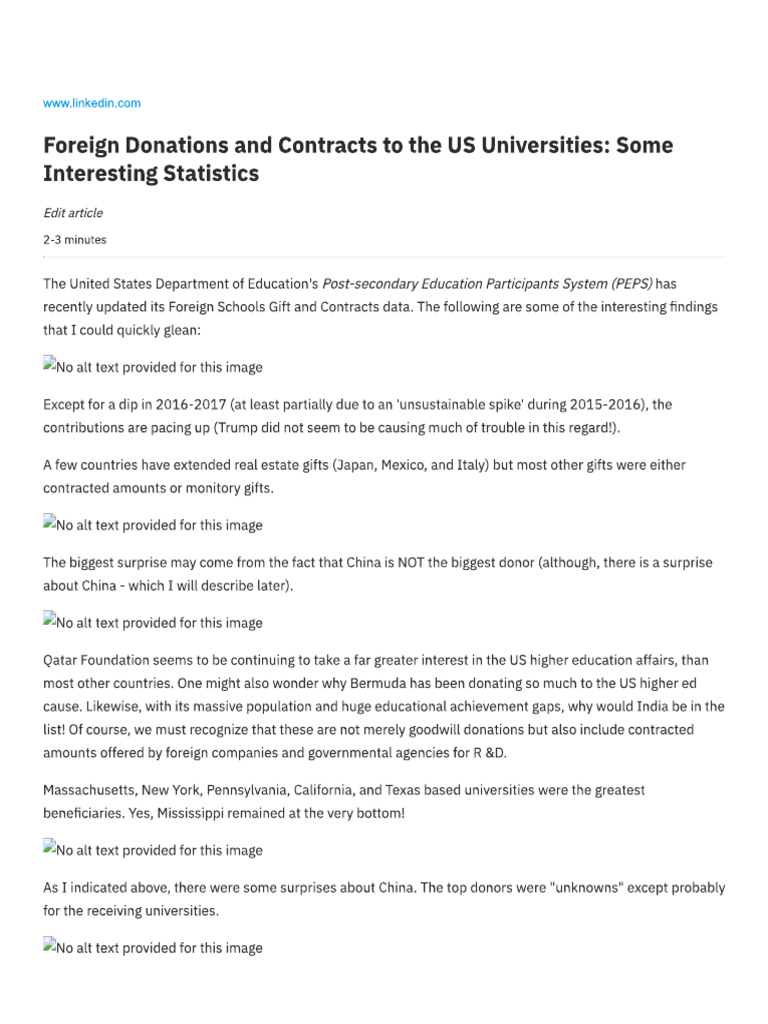 Foreign Donations and Contracts To The US Universities: Some ...