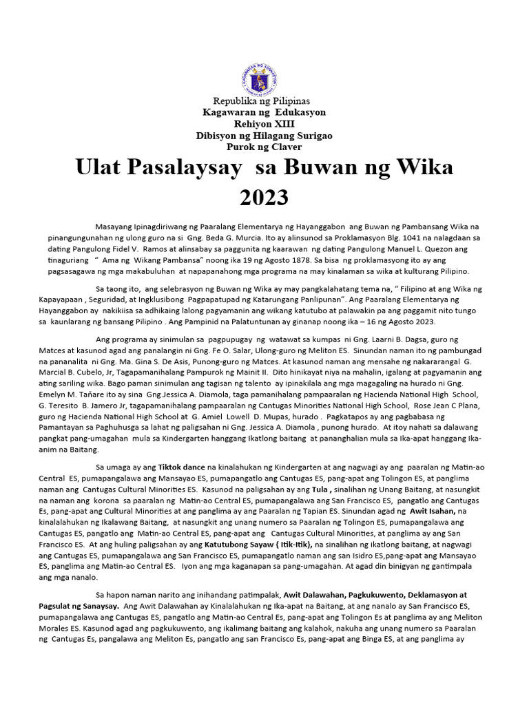Narratibong Pag Uulat Sa Buwan NG Wika 2023 Hayanggabon ES | PDF