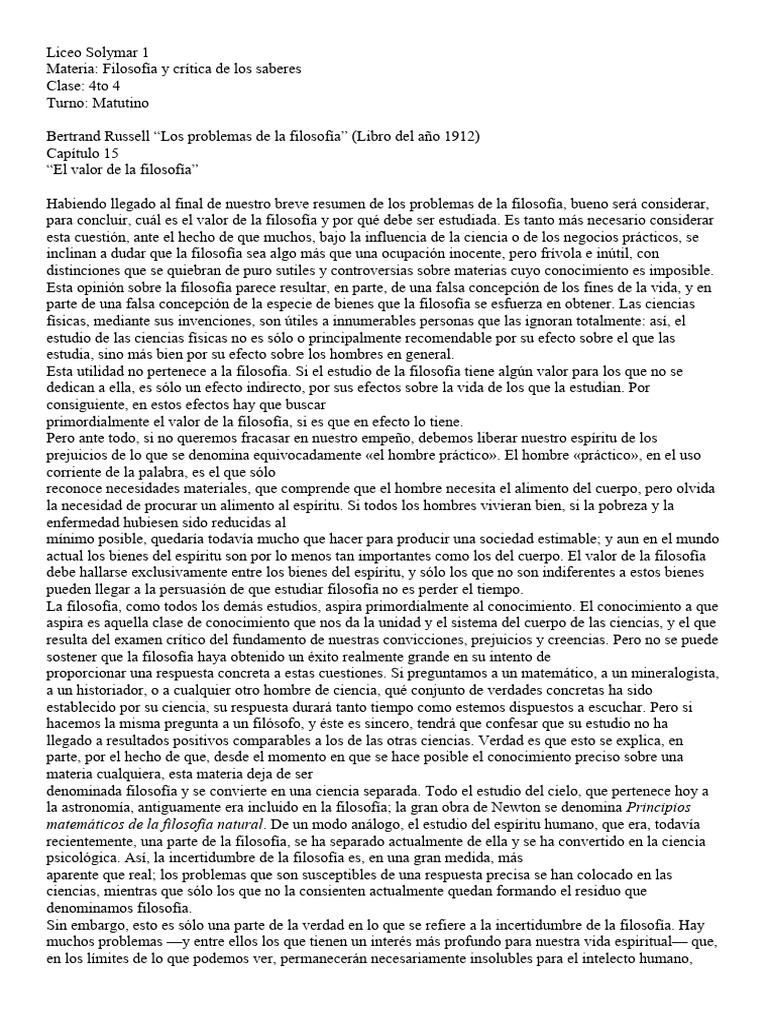 Bertrand Russell El Valor de La Filosofía | PDF | Filosofía | Ciencia y ...