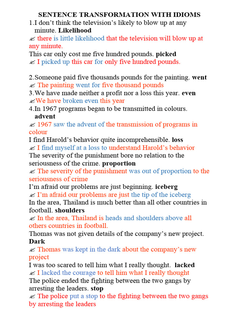 SENTENCE TRANSFORMATION WITH IDIOMS (1) | PDF