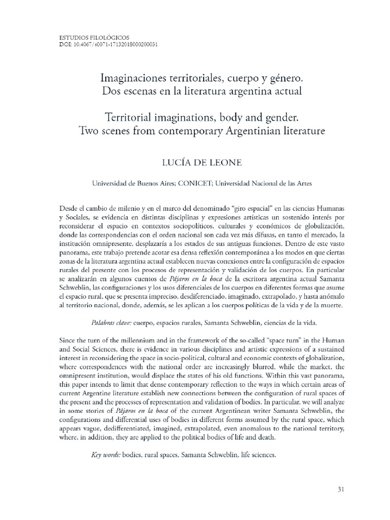 DE LEONE - Imaginaciones Territoriales, Cuerpo y Género. Dos Escenas en La Literatura Argentina ...