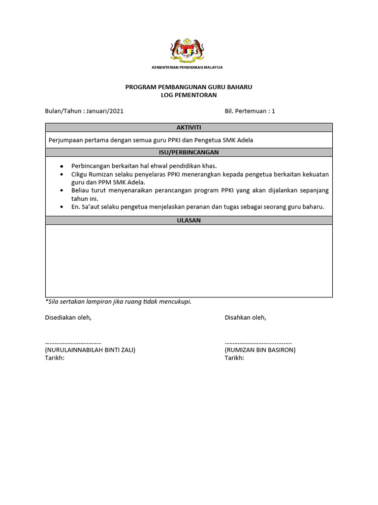 Contoh Log Pementoran PPGB | PDF