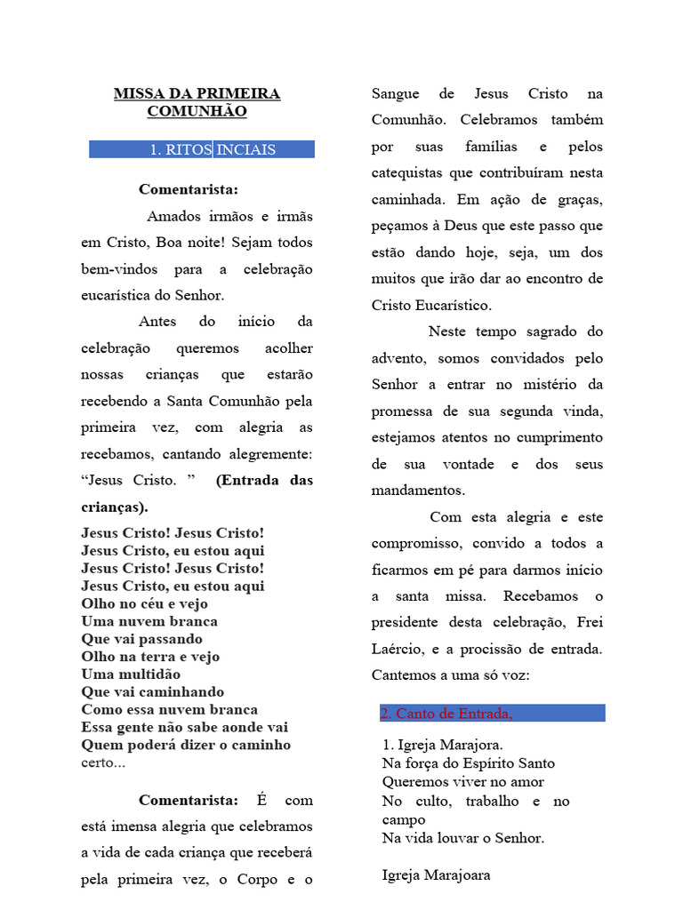 Missa Primeira Eucaristia 2023 | PDF