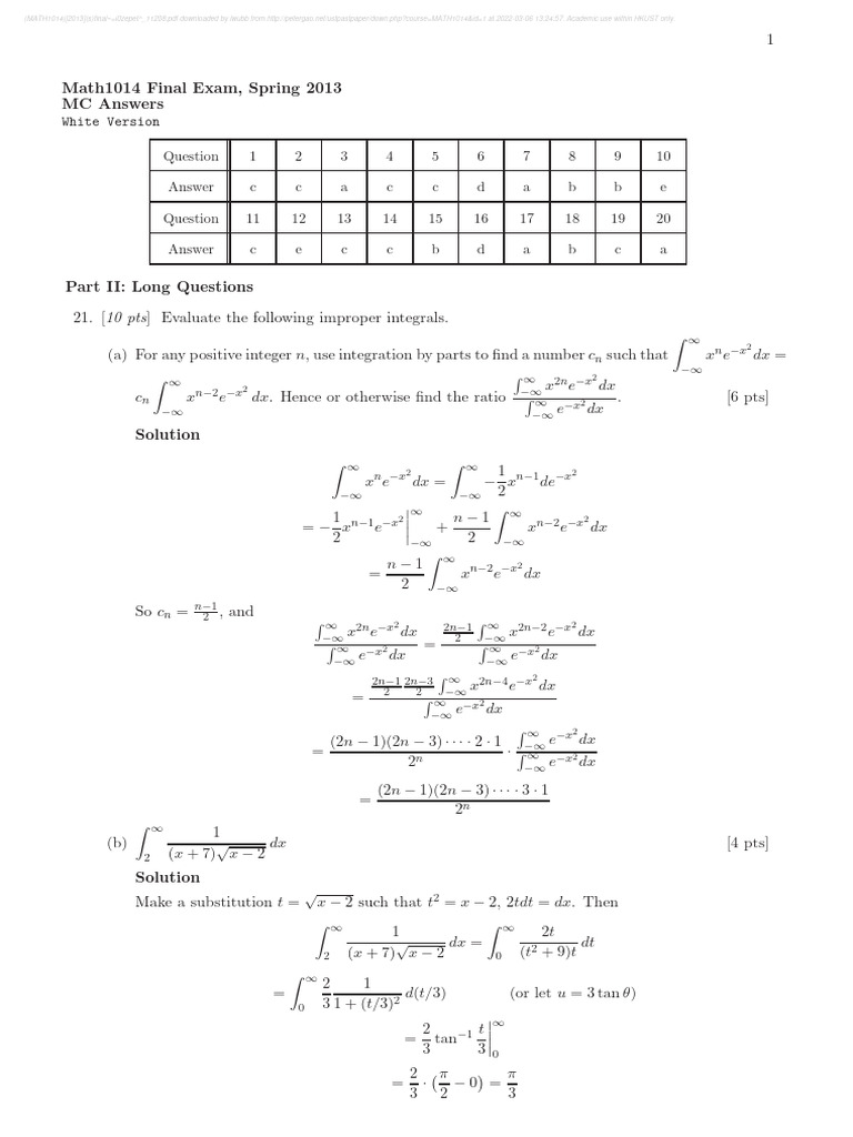 (MATH1014) (2013) (S) Final Ans | PDF