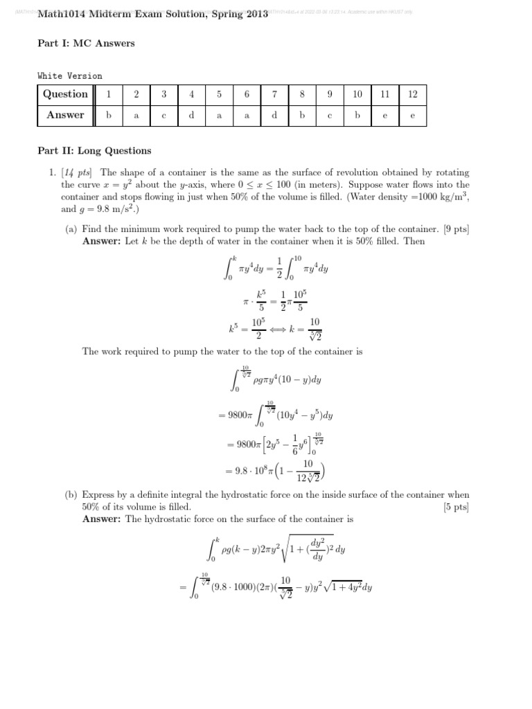 (MATH1014) (2013) (S) Midterm Ans | PDF