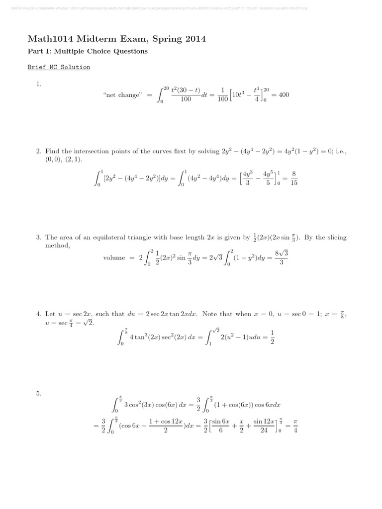 (MATH1014) (2014) (S) Midterm Ans | PDF