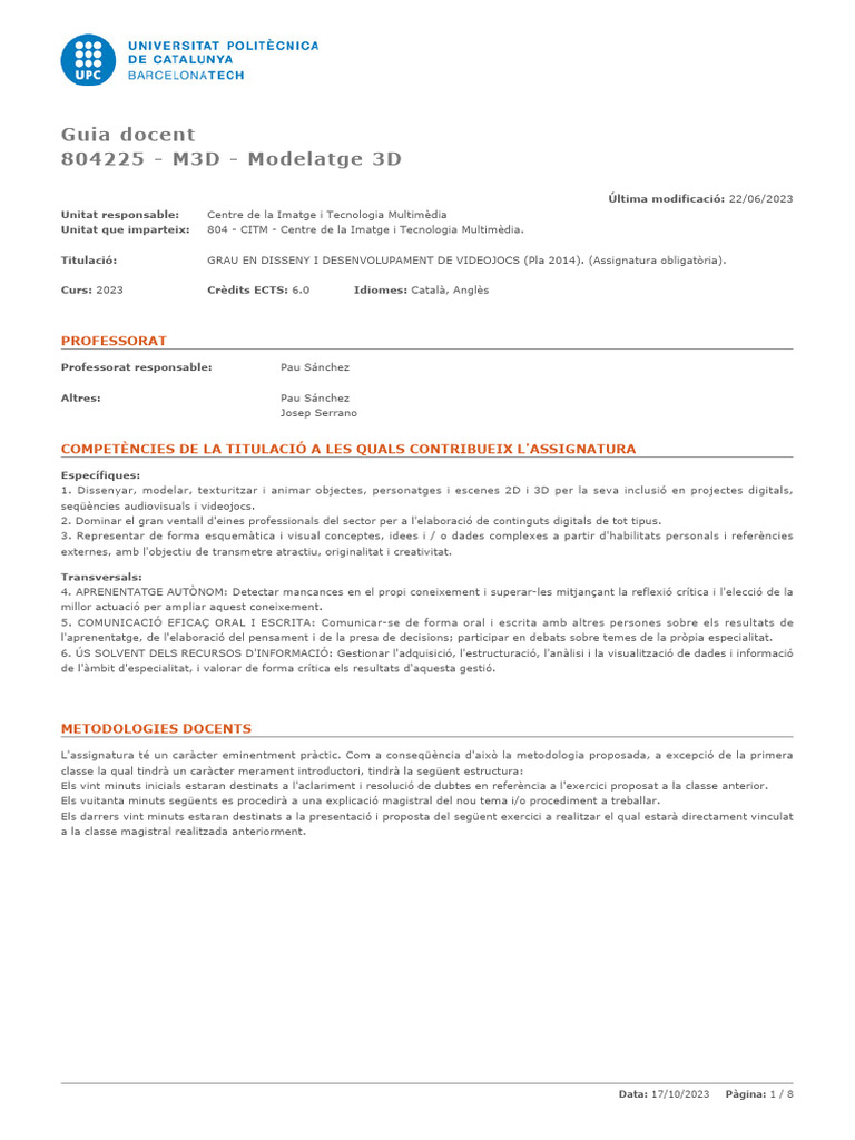 Guia Docent 804225 - M3D - Modelatge 3D: Professorat | PDF