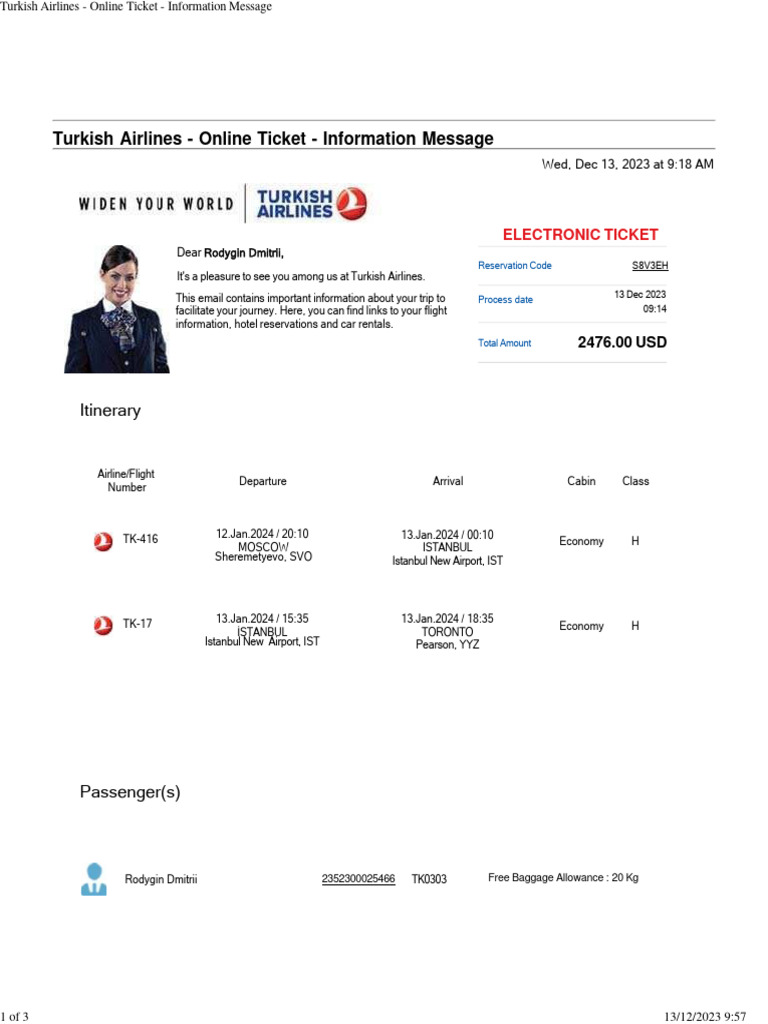 Turkish Airlines Online Ticket S8V3EH | PDF