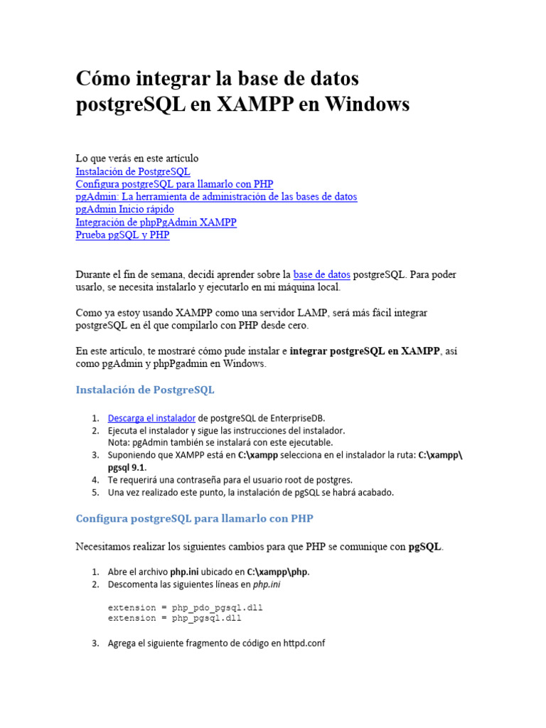 Cómo Integrar La Base de Datos postgreSQL en XAMPP en Windows | PDF | Php | Postgre Sql