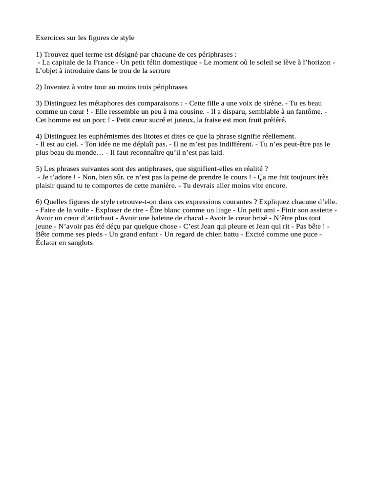 Exercices sur les figures de style | PDF