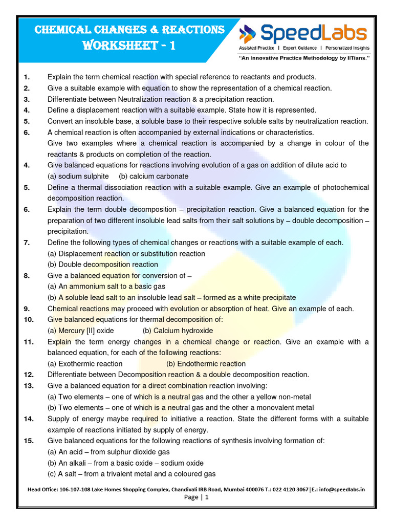 Chemical Reactions and Changes - Important Qs - Important Questions - ICSE | PDF
