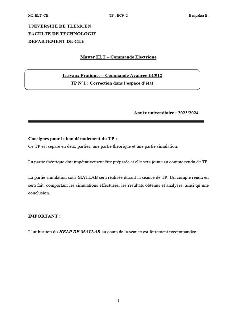 TP N1 - Commande Espace Etat | PDF